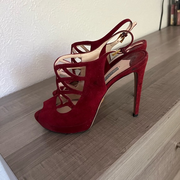 Prada | Shoes | Prada Burgundy Red Suede Caged Sling Back Platform Peep ...